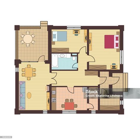 집의 건축 평면도입니다 가구 배열과 별장의 그림 1 층 건물 벡터 일러스트 레이션 Eps10 다중 색상에 대한 스톡 벡터 아트 및 기타 이미지 Istock