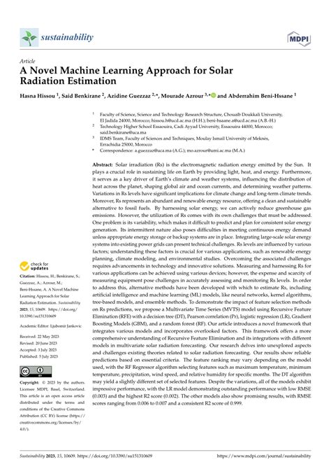 PDF A Novel Machine Learning Approach For Solar Radiation Estimation