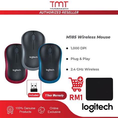 Logitech M185 Wireless Usb Mouse Black Grey Blue Red Shopee Malaysia
