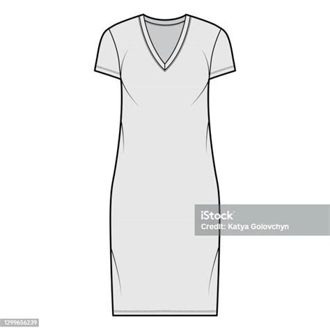 V넥 반소매 무릎 길이 오버사이즈 바디 펜슬 풀이 있는 티셔츠 드레스 테크니컬 패션 일러스트 0명에 대한 스톡 벡터 아트 및