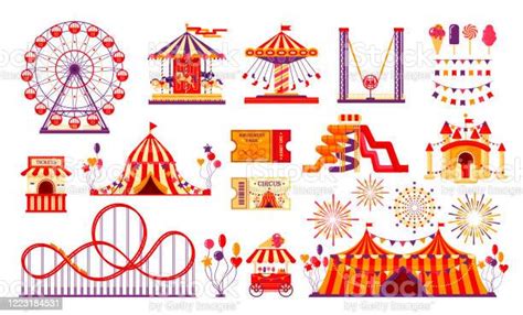 서커스 카니발 요소는 흰색 배경에 격리 설정합니다 재미있는 박람회 회전 목마 관람차 텐트 롤러 코스터 발룬 티켓놀이 공원 컬렉션 벡터 일러스트레이션 놀이 공원에 대한 스톡