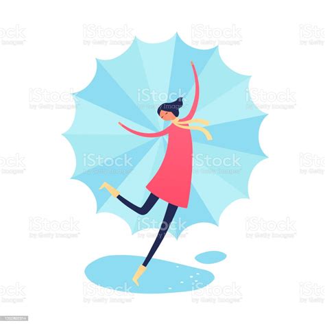 벡터 문자 가을 그림입니다 흰색 배경에 고립 된 비에 스카프와 우산 춤과 빨간 코트에 플랫 행복 한 여성 포스터 프로모션 카드
