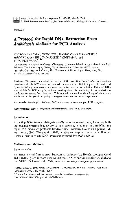 Pdf A Protocol For Rapid Dna Extraction Fromarabidopsis Thaliana For Pcr Analysis