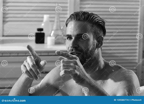 Man And Involved Face Pointing Fingers Sex And Erotica Concept Guy In Bathroom With Involved