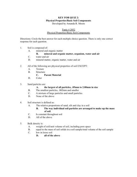 KEY FOR QUIZ Physical Properties Basic Soil Components