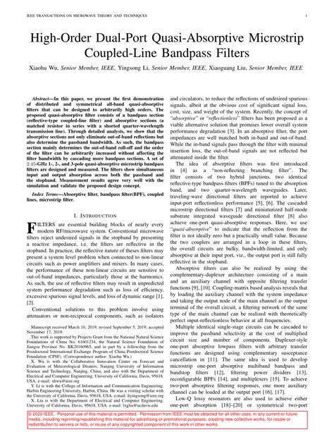 Pdf High Order Dual Port Quasi Absorptive Microstrip Coupled Line Bandpass Filters