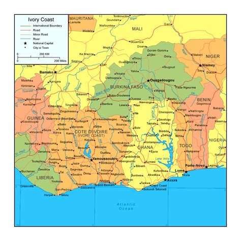 Mapa Político De Costa De Marfil Con Carreteras Y Principales Ciudades