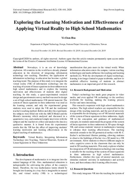 Pdf Exploring The Learning Motivation And Effectiveness Of Applying Virtual Reality To High