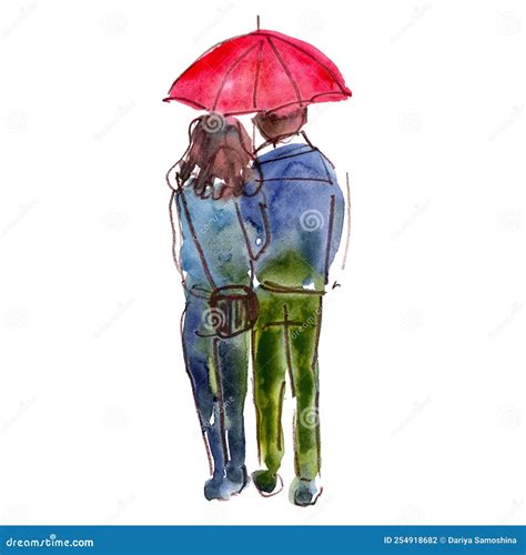 Hand Drawn Watercolor Illustration Couple Man And Woman Walking Under