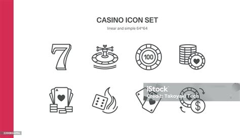 카지노 아이콘 룰렛 포커 칩 카드 놀이 주사위 행운의 7을 특징으로하는 최소한의 선형 아이콘 세트입니다 도박 베팅 및 게임