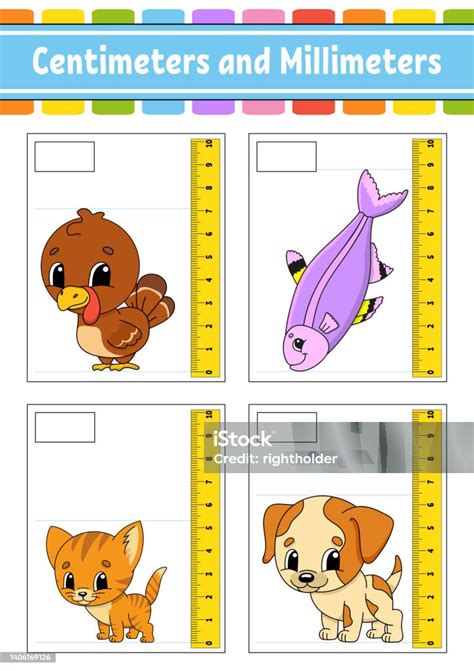 센티미터 및 밀리미터의 길이를 측정합니다 워크시트를 개발하는 교육 아이들을위한 게임 색상 활동 페이지입니다 아이들을위한 퍼즐 귀여운 캐릭터 벡터 그림입니다 만화 스타일 0