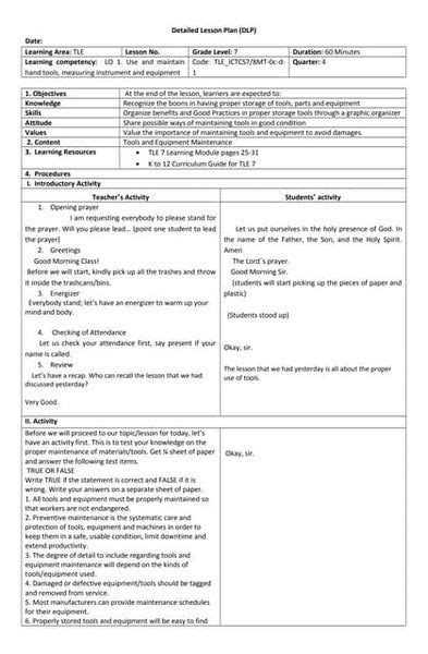 Grade 7 Tle Detailed Lesson Plan Lesson Plans How To Plan Service