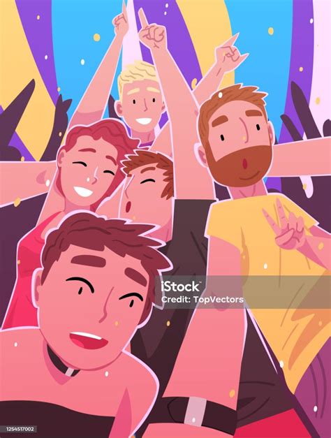 나이트 클럽에서 춤을 추고 셀카를 만드는 사람들 파티 또는 음악 축제 벡터 일러스트레이션에서 즐거운 시간을 보내는 행복한 남성과