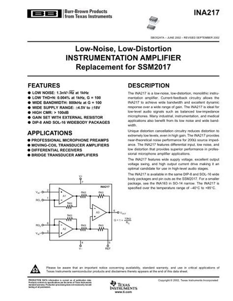 INA217 Low Noise Low Distortion Instrumentation Futurlec