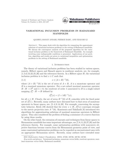 Pdf Variational Inclusion Problems In Hadamard Manifolds