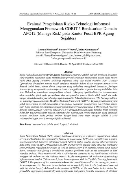 Pdf Evaluasi Pengelolaan Risiko Teknologi Informasi Menggunakan Framework Cobit 5 Berdasarkan