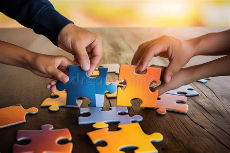 Business Concept Of Teamwork Problem Solving With Jigsaw Puzzle Hands Connect Pushing
