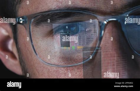 Programmer Hacker Works On Computer Screen Code Is Reflected In His