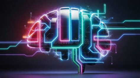 Illuminated Brain With Neon Circuits And Glowing Lines On A Dark Background Design Stock