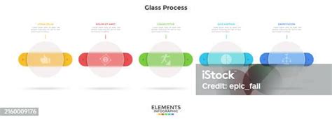 수평 행에 배치된 반투명 원 뒤에 5개의 둥근 요소가 있는 프로세스 차트입니다 투명한 비즈니스 체인의 개념 최소한의 인포그래픽 디자인 템플릿입니다 현대 평면 벡터 그림입니다