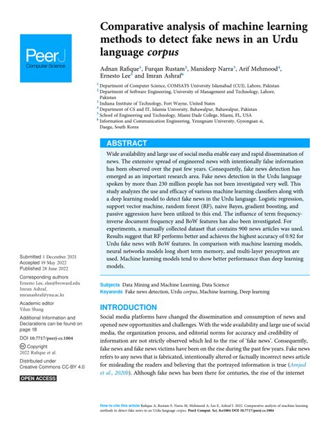 Pdf Comparative Analysis Of Machine Learning Methods To Detect Fake News In An Urdu Language