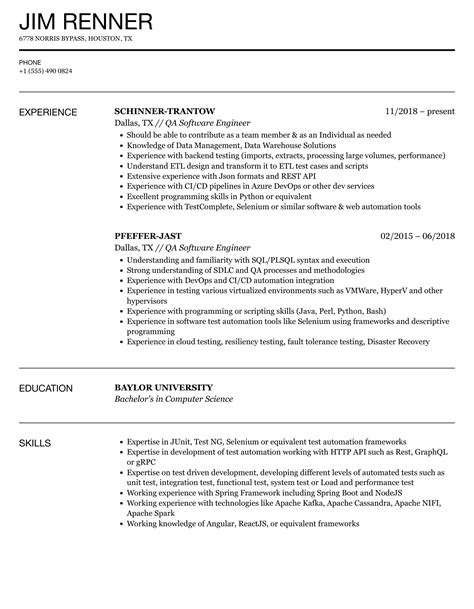 QA Software Engineer Resume Samples Velvet Jobs
