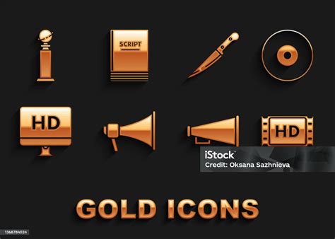 설정 메가 폰 Cd 또는 Dvd 디스크 4k 영화 테이프 프레임 Hd 비디오 기술 나이프 트로피 골든 글로브와 시나리오 아이콘 컴퓨터 Pc 모니터 벡터 4k해상도에 대한