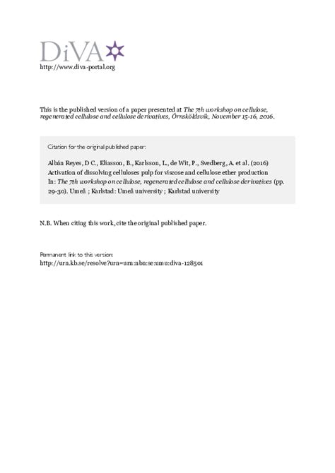 Pdf Activation Of Dissolving Celluloses Pulp For Viscose And