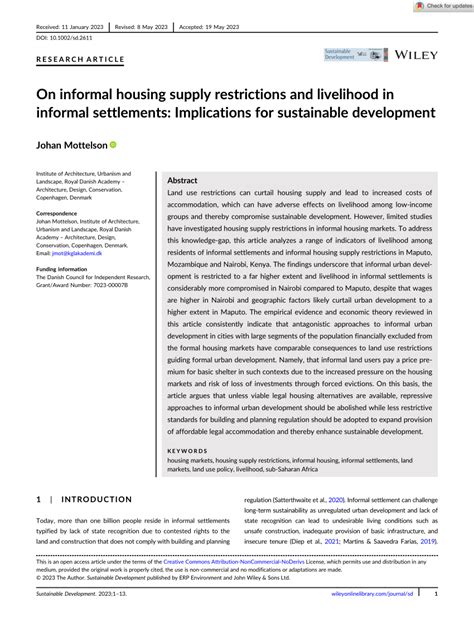 Pdf On Informal Housing Supply Restrictions And Livelihood In Informal Settlements