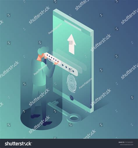 Man Entering Password Isometric Character Scanning Stock Vector