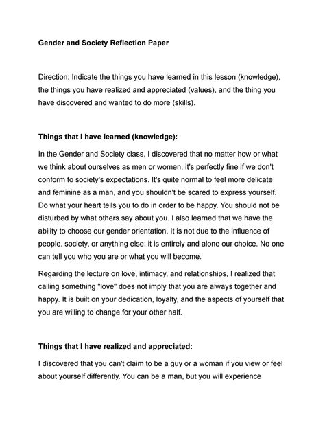 GAS Reflection Paper Lessons Learned In Gender And Society Gender And Society Reflection