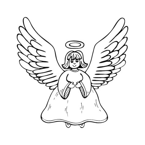 색칠하기 책 크리스마스 천사 날개를 펼치고 귀여운 만화 캐릭터 손으로 그린 라인 아트 검정 흰색 그림 어린이와 성인을위한 색칠 공부 페이지 프리미엄 벡터