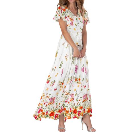 Evdexr Casual Floral Print Wrap Womens Short Sleeve Dress V Neck Maxi