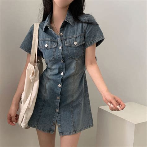슈가파우더 슈가파우더 당일발송｜ 허리끈o예쁜라인 필립 데님 단추 반팔원피스 2color 위시버킷