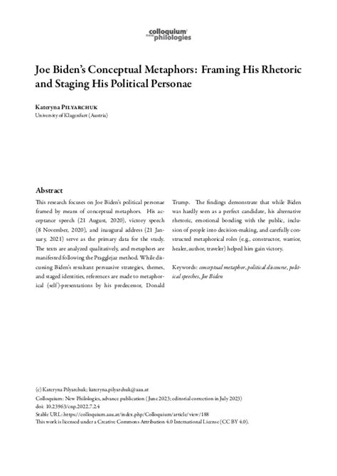 Pdf Joe Bidens Conceptual Metaphors Framing His Rhetoric And