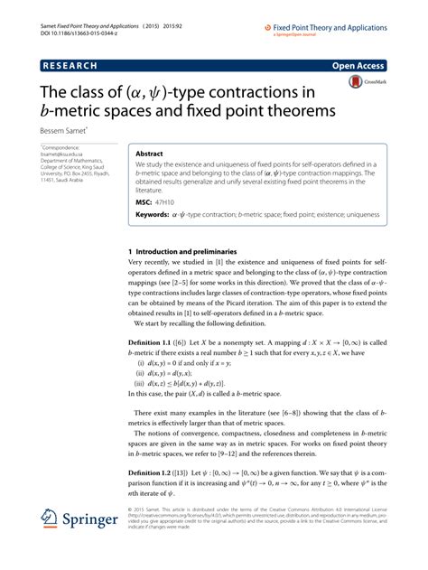 Pdf The Class Of α ψ Type Contractions In B Metric Spaces And Fixed Point Theorems