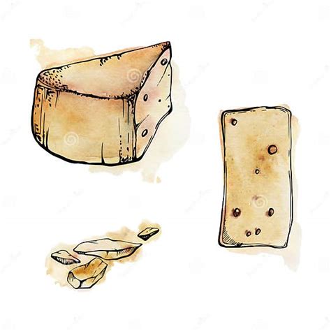 Hand Drawn Watercolor Ink Illustration Parmesan Edam Emmental Fontina