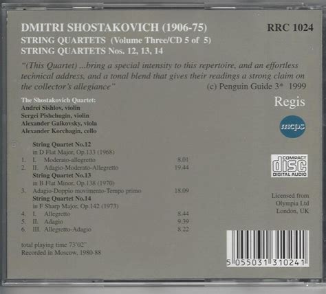 Complete String Quartets By Dmitri Shostakovich Shostakovich Quartet 2000 Cd X 5 Regis