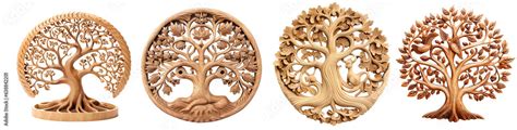 Set Of Tree Of Life Wooden Sculpture Illustration Tree Of Life Wooden Sculpture Illustration