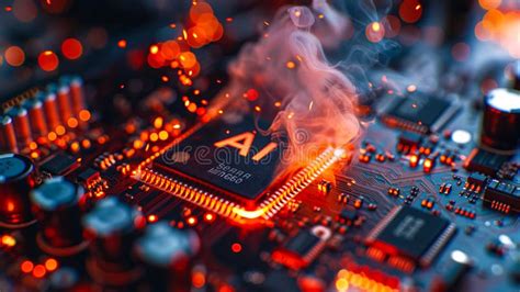 Advanced Computer Processor Chip With AI Acceleration Is Burning In Dark Digital Environment