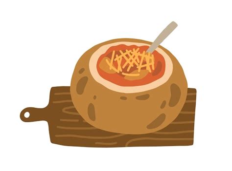 Premium Vector Soup Served In Bread Bowl On Wooden Cutting Board