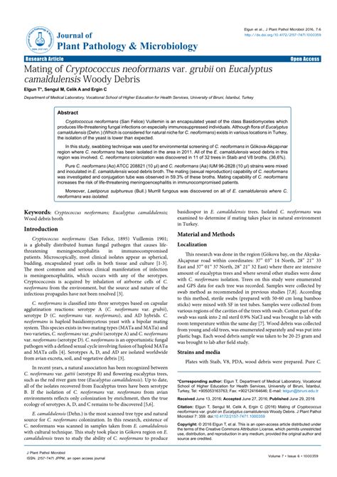 Pdf Mating Of Cryptococcus Neoformans Var Grubii On Eucalyptus Camaldulensis Woody Debris