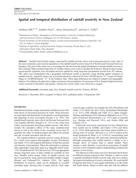 Pdf Spatial And Temporal Distribution Of Rainfall Erosivity In New Zealand