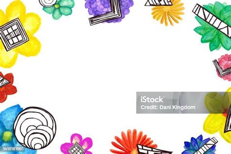 수채화 템플릿 프레임 다채로운 꽃밭 기하학 모양 디자인을위한 흰색 배경 손으로 그린 그림 0명에 대한 스톡 벡터 아트 및 기타
