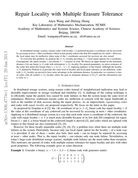 Pdf Repair Locality With Multiple Erasure Tolerance