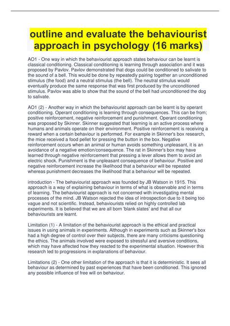 Outline And Evaluate The Behaviourist Approach In Psychology 16 Marks Outline And Evaluate