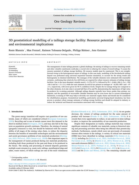 Pdf 3d Geostatistical Modelling Of A Tailings Storage Facility Resource Potential And