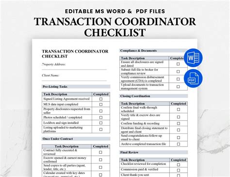 Transaction Coordinator Checklist Template Real Estate Tc Task List
