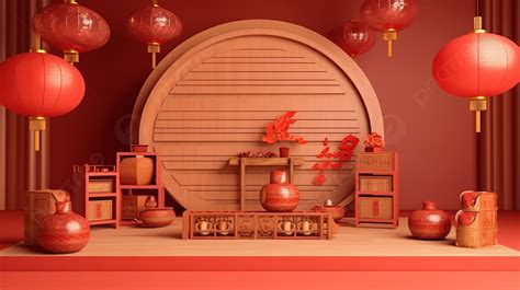 중국 설날 제품 디스플레이를 위한 무대 설정 3d 렌더링된 그림 중국 새해 장식 중국 새해 랜턴 중국 새해 배경 배경