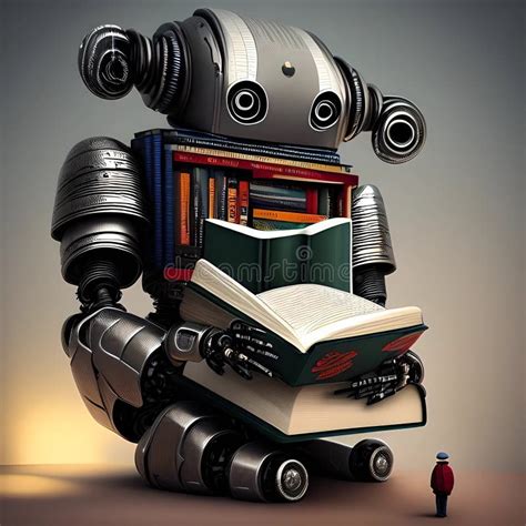 A Portrait Of A Robot Reading Large Books Learning Concept Generated By Ai Stock Illustration